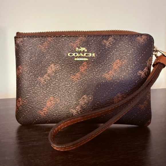 Coach | Bags | Coach Corner Zip Wristlet With Horse And Carriage Brown ...